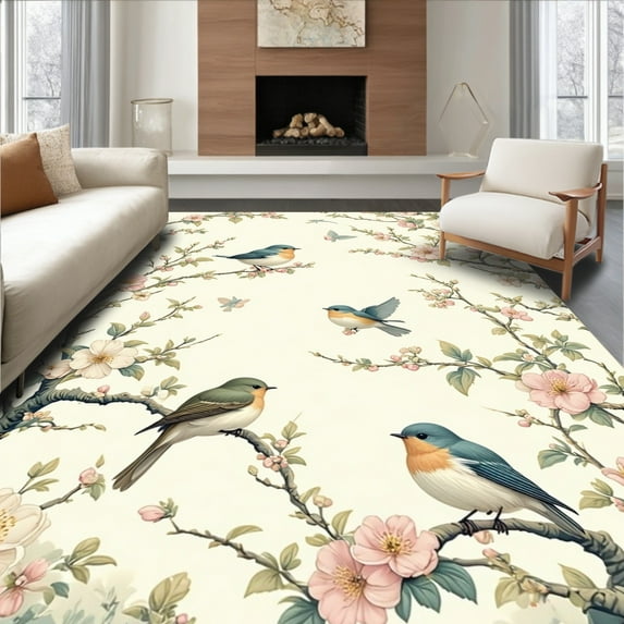 Flatwoven High Traffic Area Rug, Whimsical Bird & Blossom Round Nature ...