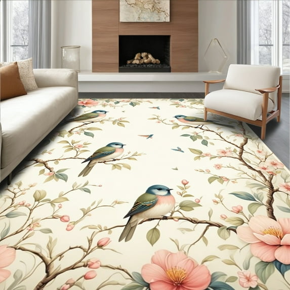 Flatwoven High Traffic Area Rug, Whimsical Birdsong with Stylized ...