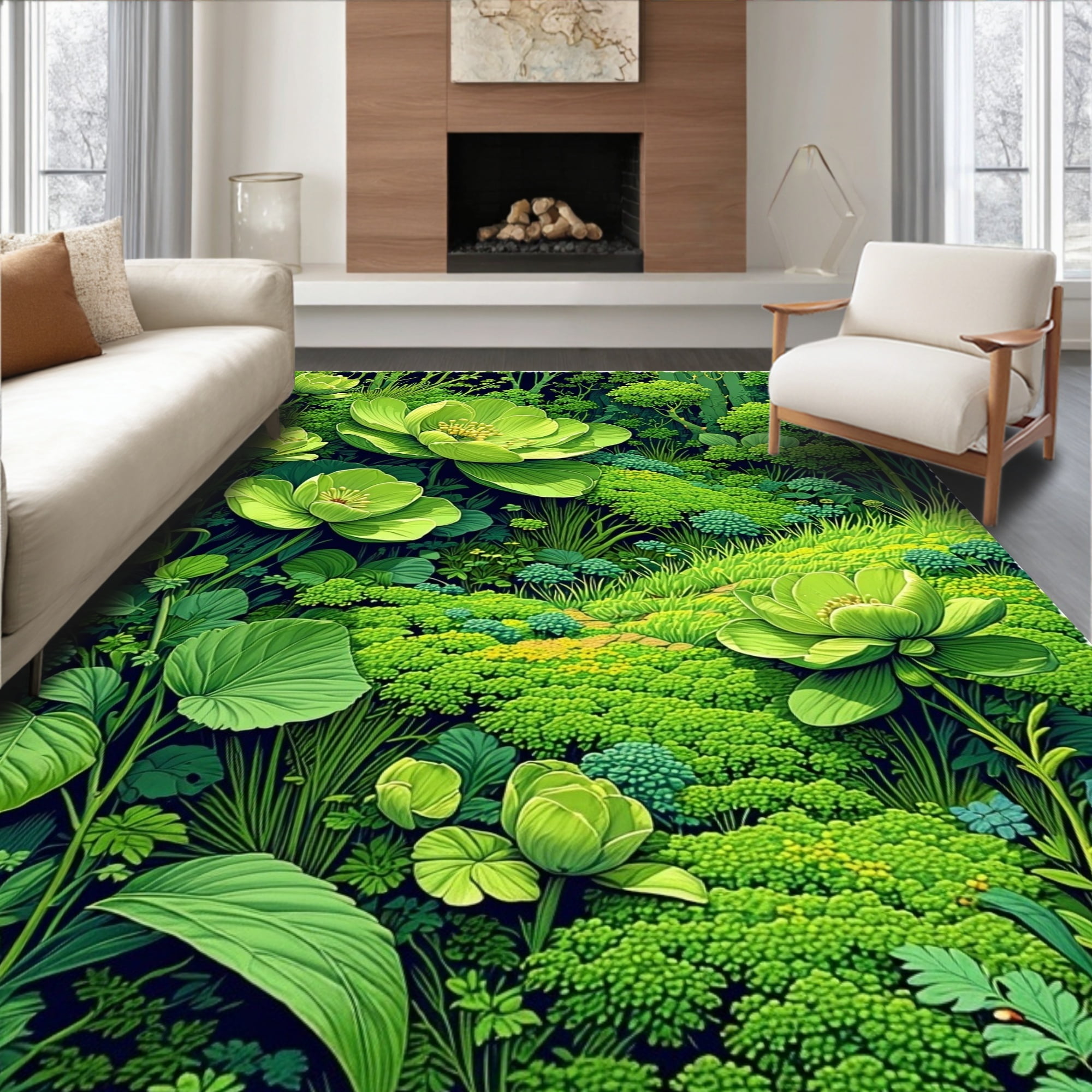 Flatwoven High Traffic Area Rug, Whimsical Blooming Moss Flower Design ...