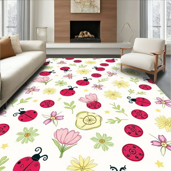 Flatwoven High Traffic Area Rug, Whimsical Bug & Bloom, Non Slip, Stain ...