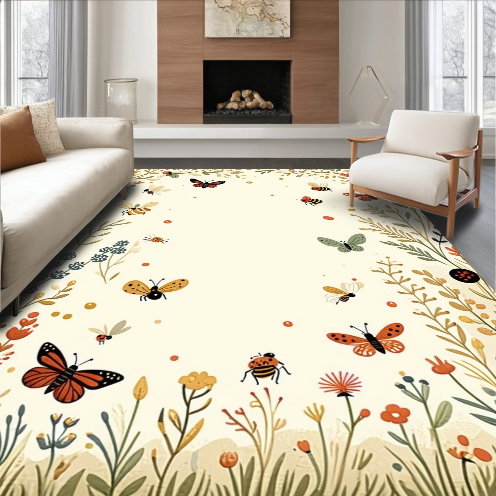 Flatwoven High Traffic Area Rug, Whimsical Bug Illustrated Floor ...