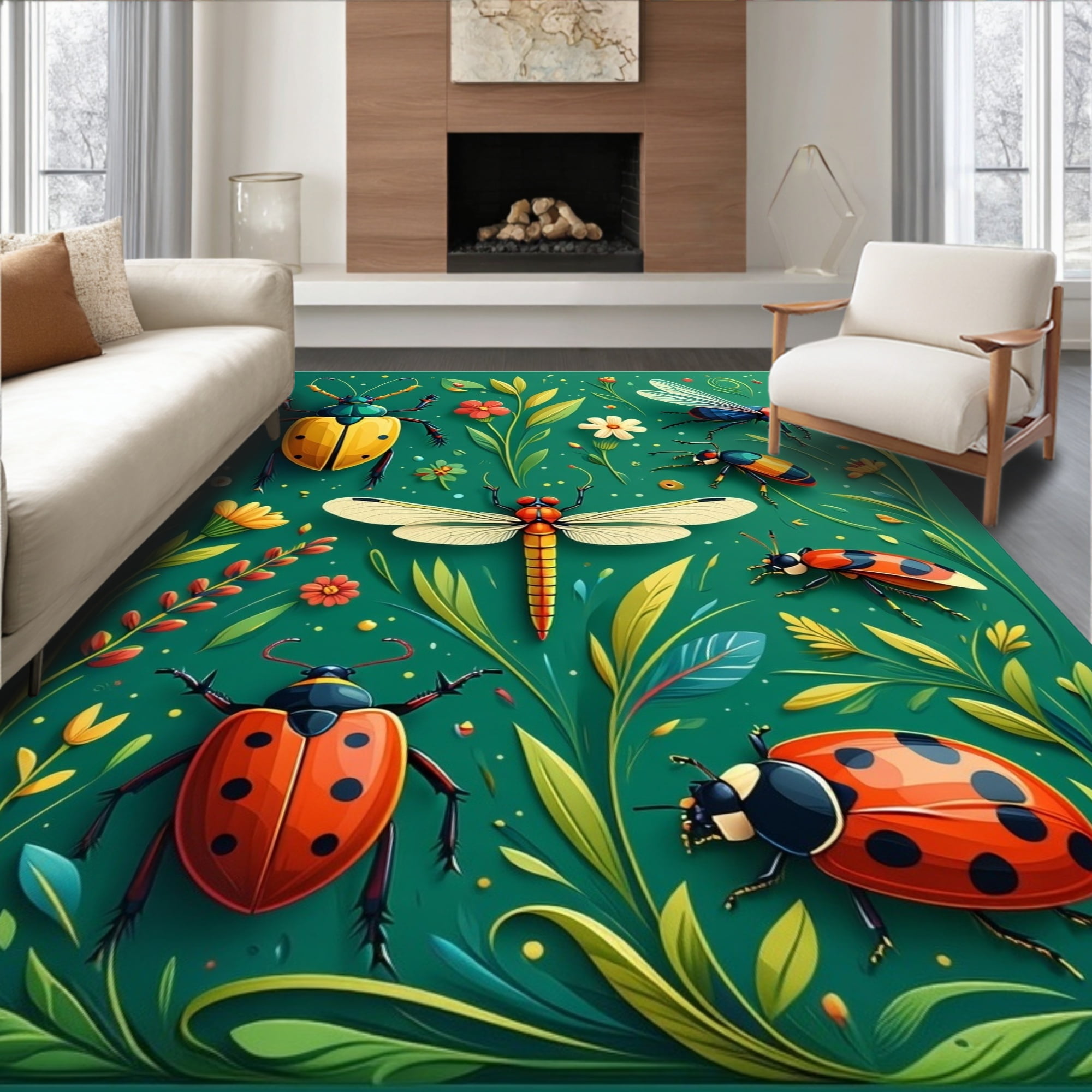 Flatwoven High Traffic Area Rug, Whimsical Bug Paradise With Decorative ...