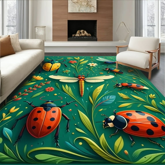 Flatwoven High Traffic Area Rug, Whimsical Bug Paradise With Decorative ...