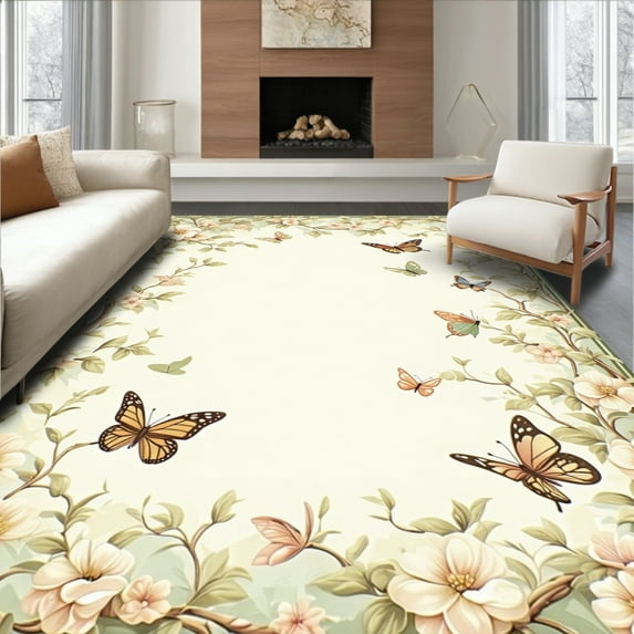 Flatwoven High Traffic Area Rug, Whimsical Butterfly Circle with Delicate Floral Embellishments ...