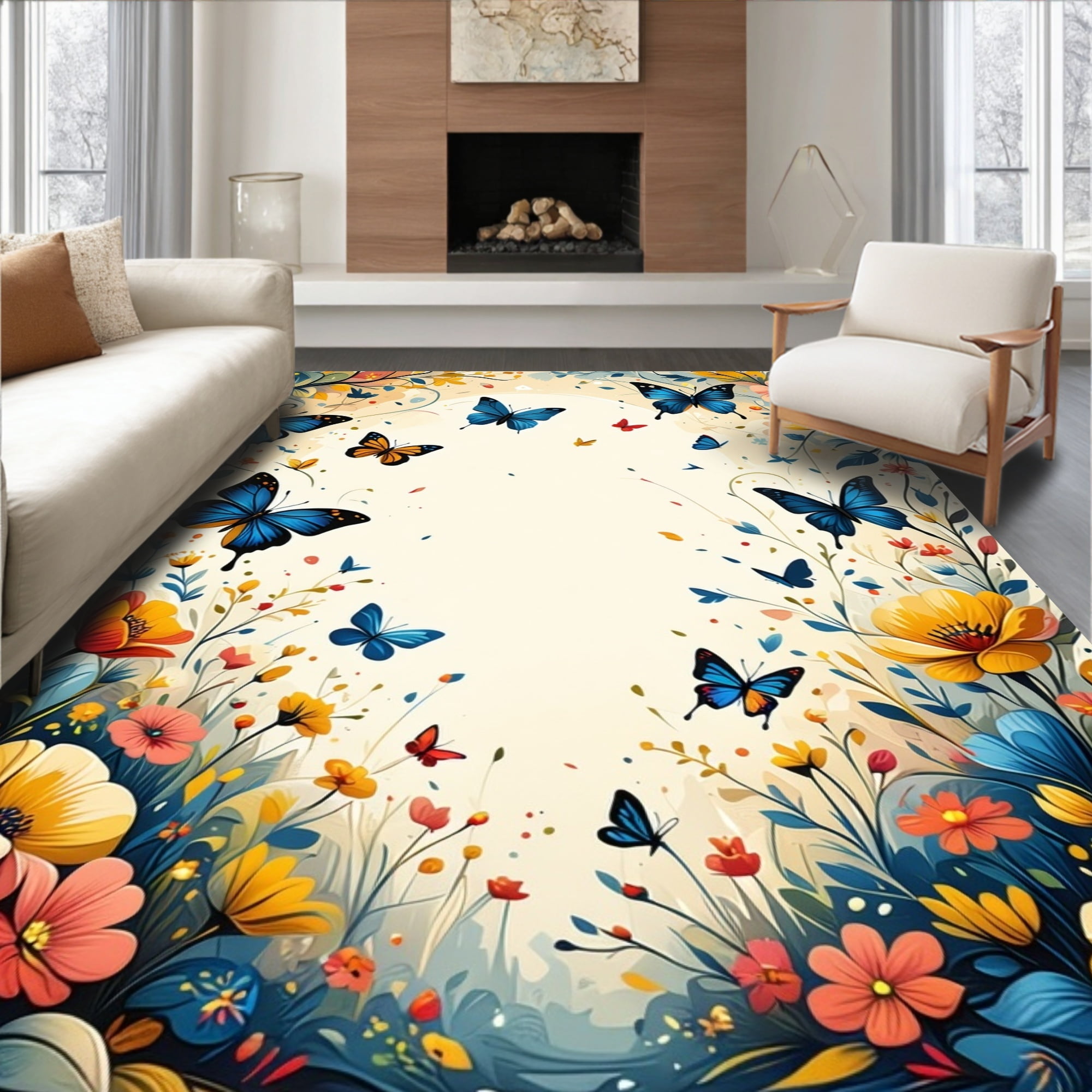 Flatwoven High Traffic Area Rug, Whimsical Butterfly Dance Round with ...