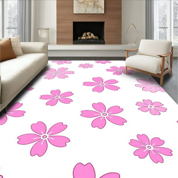 Flatwoven High Traffic Area Rug, Whimsical Floral Bath Mat Pretty Pink ...