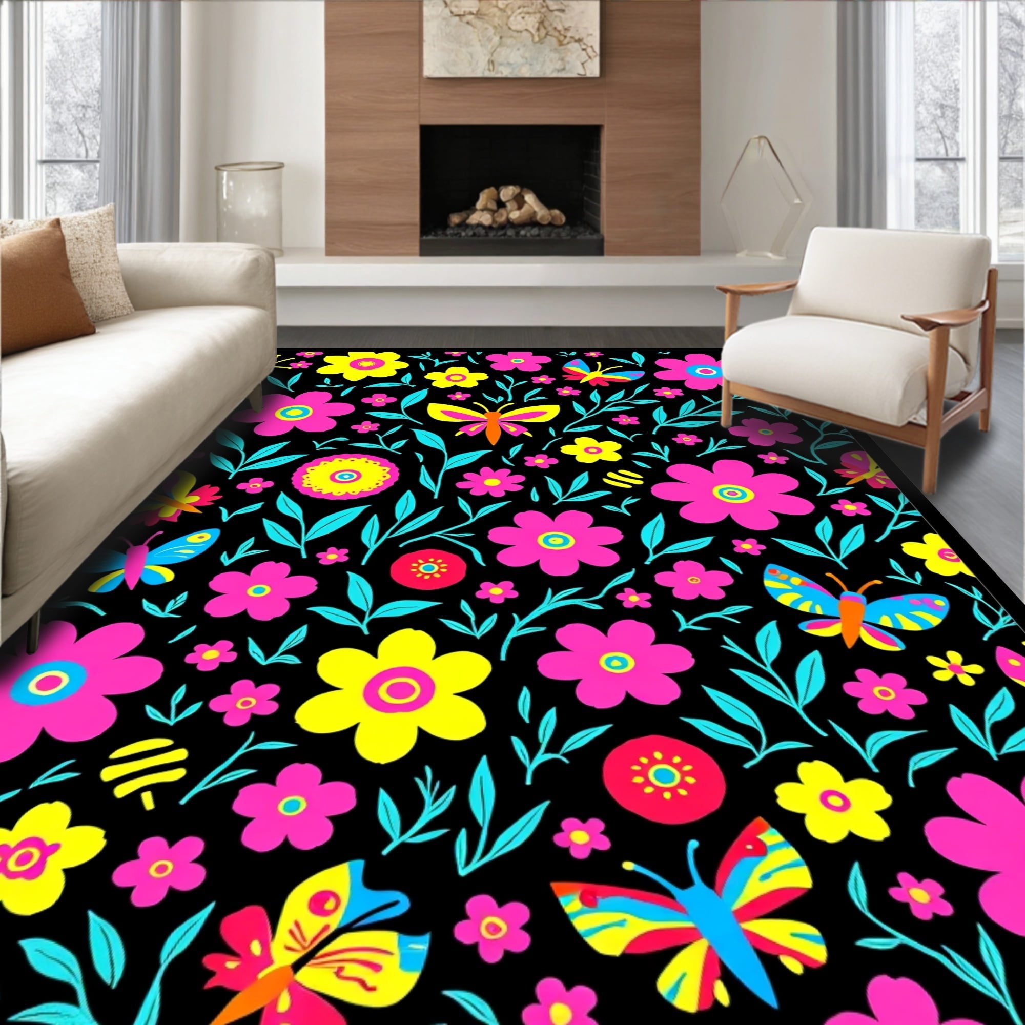 Flatwoven High Traffic Area Rug, Whimsical Flower Garden, Non Slip ...