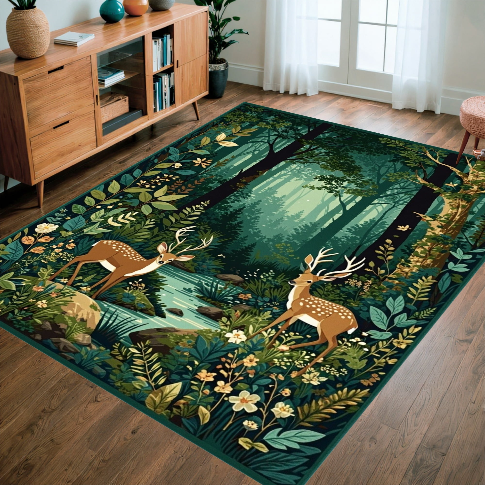 Flatwoven High Traffic Area Rug, Whimsical Forest Creatures Amidst ...
