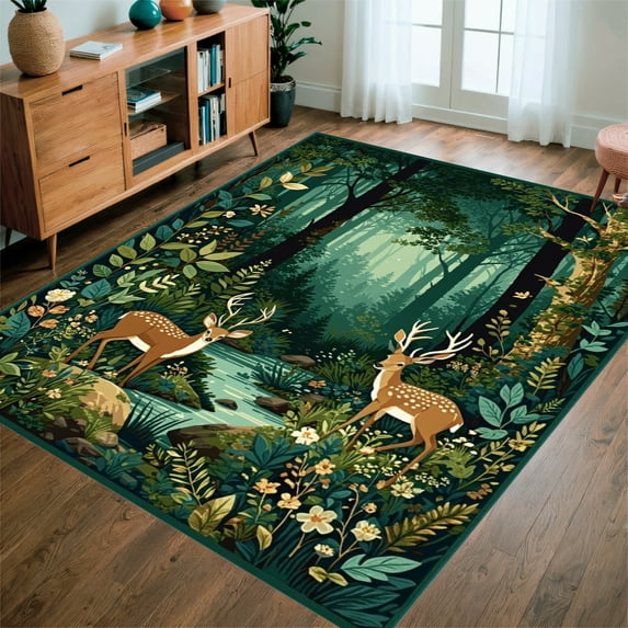 Flatwoven High Traffic Area Rug, Whimsical Forest Creatures Amidst ...