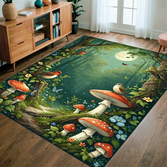 Flatwoven High Traffic Area Rug, Whimsical Forest Scene with Birds ...