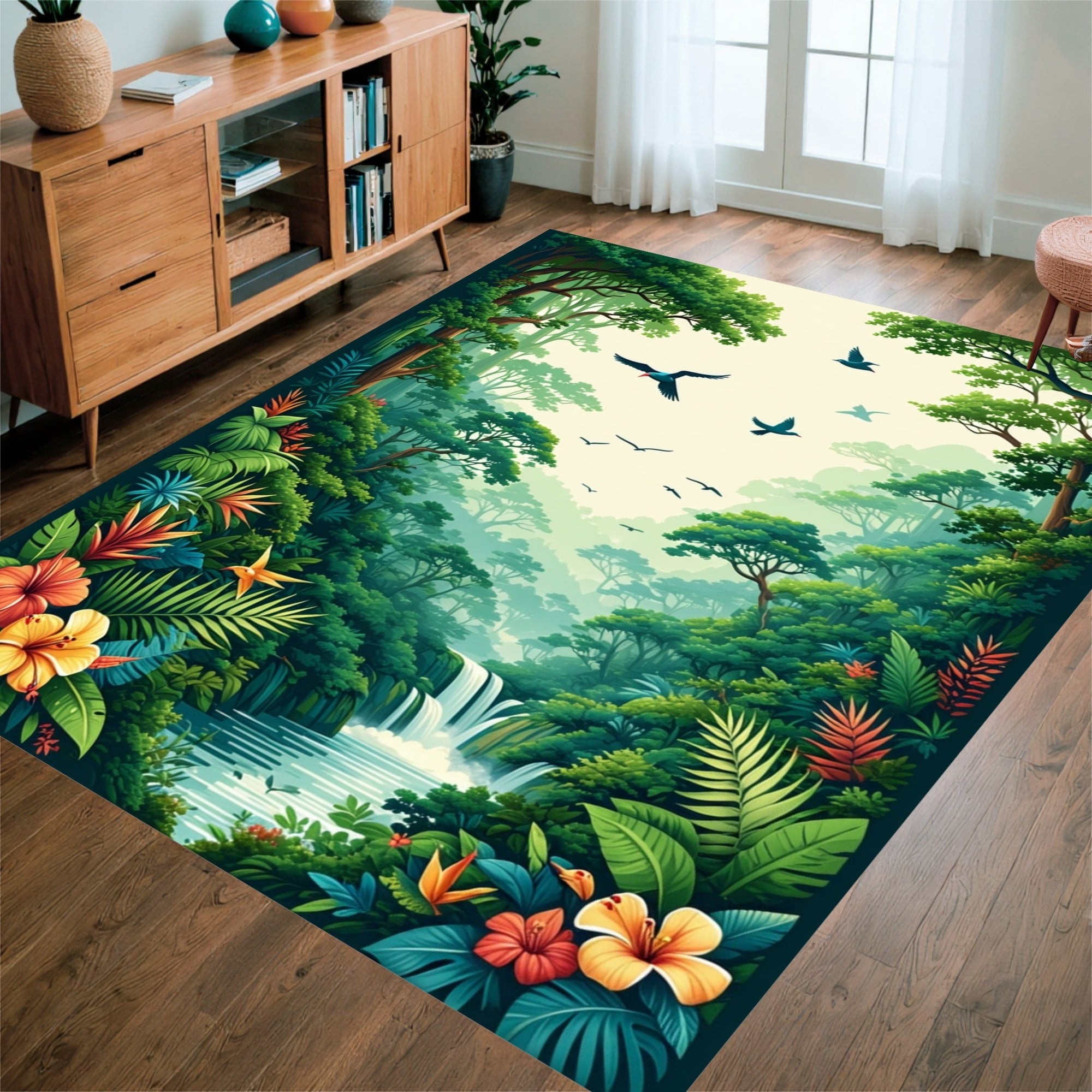Flatwoven High Traffic Area Rug, Whimsical Forest Scene with Colorful ...