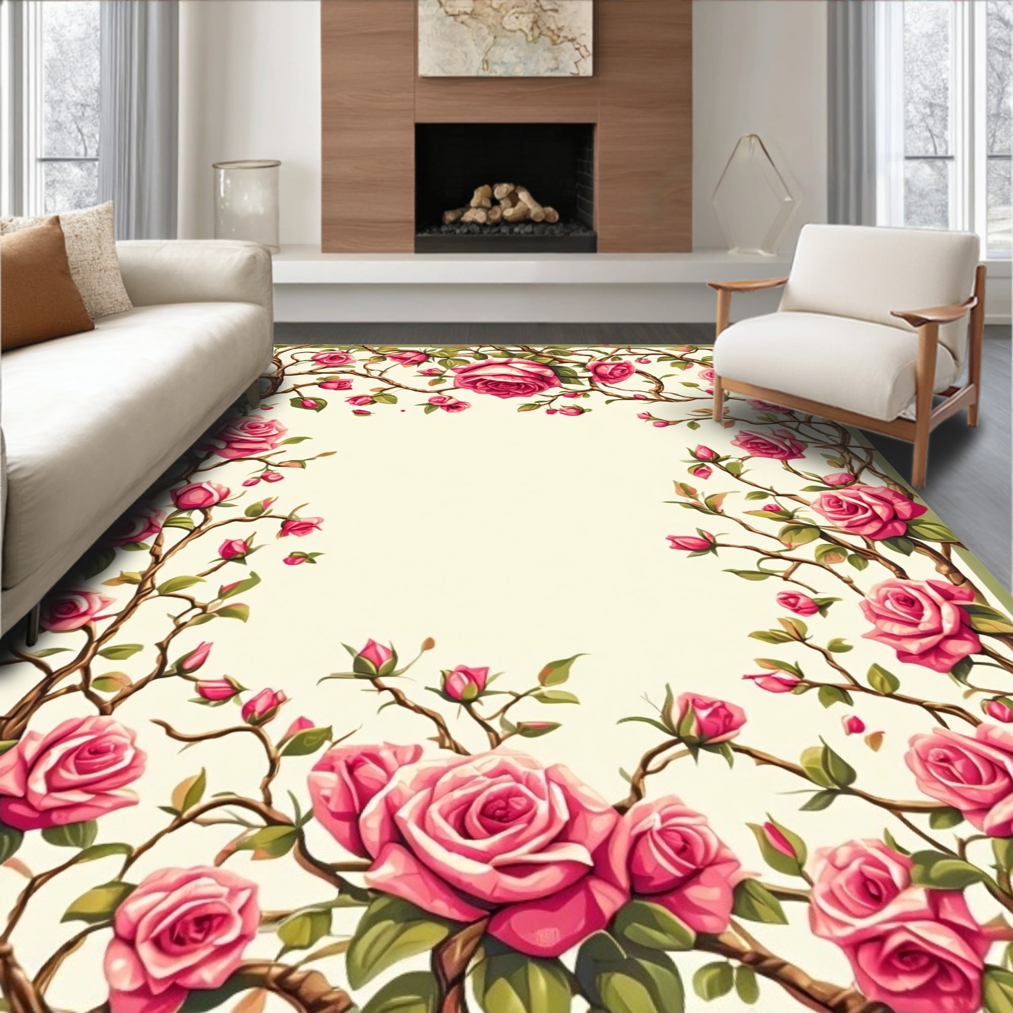 Flatwoven High Traffic Area Rug, Whimsical Garden with Pink Roses and ...