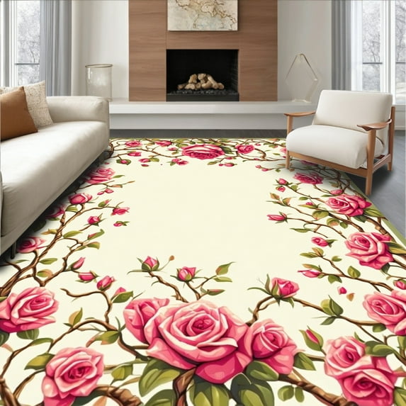 Flatwoven High Traffic Area Rug, Whimsical Garden with Pink Roses and ...