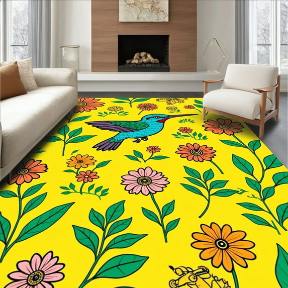 Flatwoven High Traffic Area Rug, Whimsical Hummingbird Amidst Stylized ...