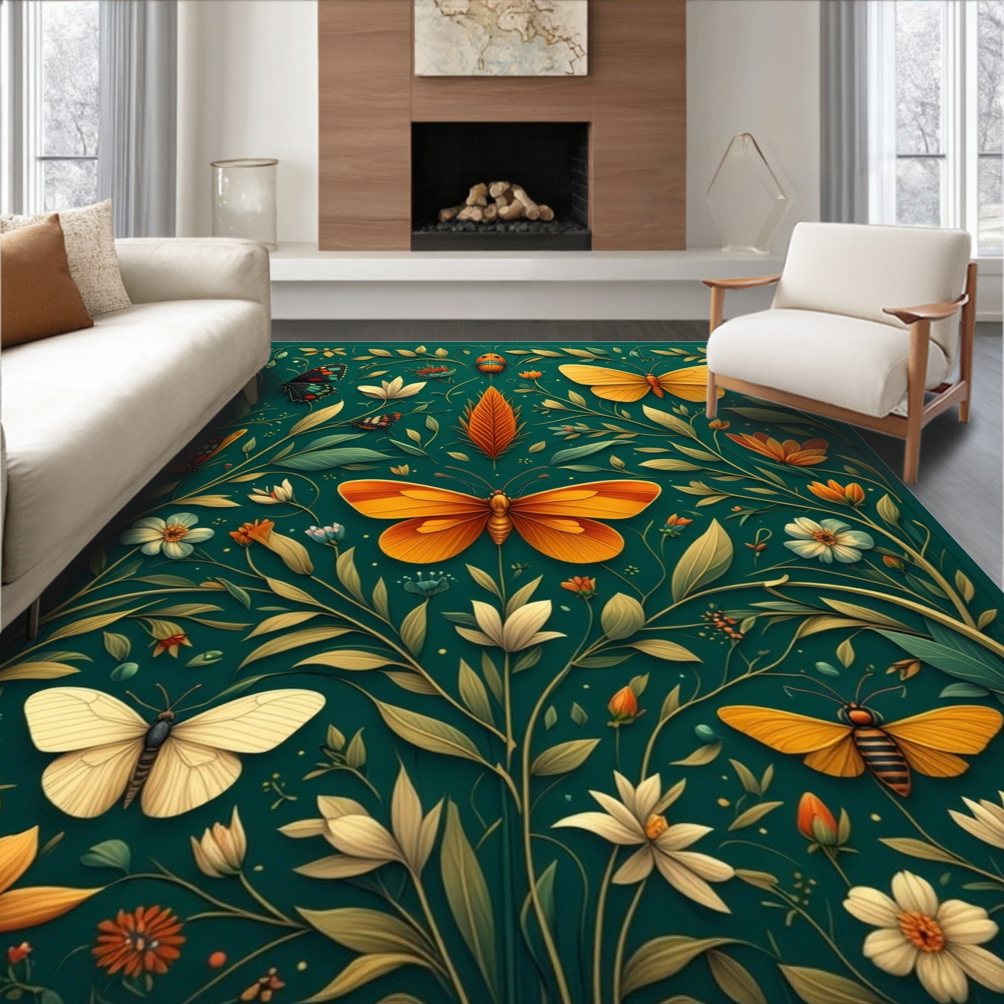 Flatwoven High Traffic Area Rug, Whimsical Insect Botanical Entomology ...