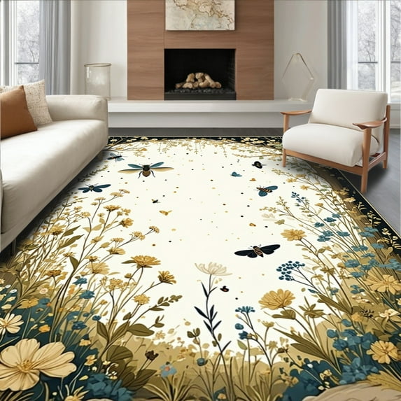 Flatwoven High Traffic Area Rug, Whimsical Insect With Botanical ...