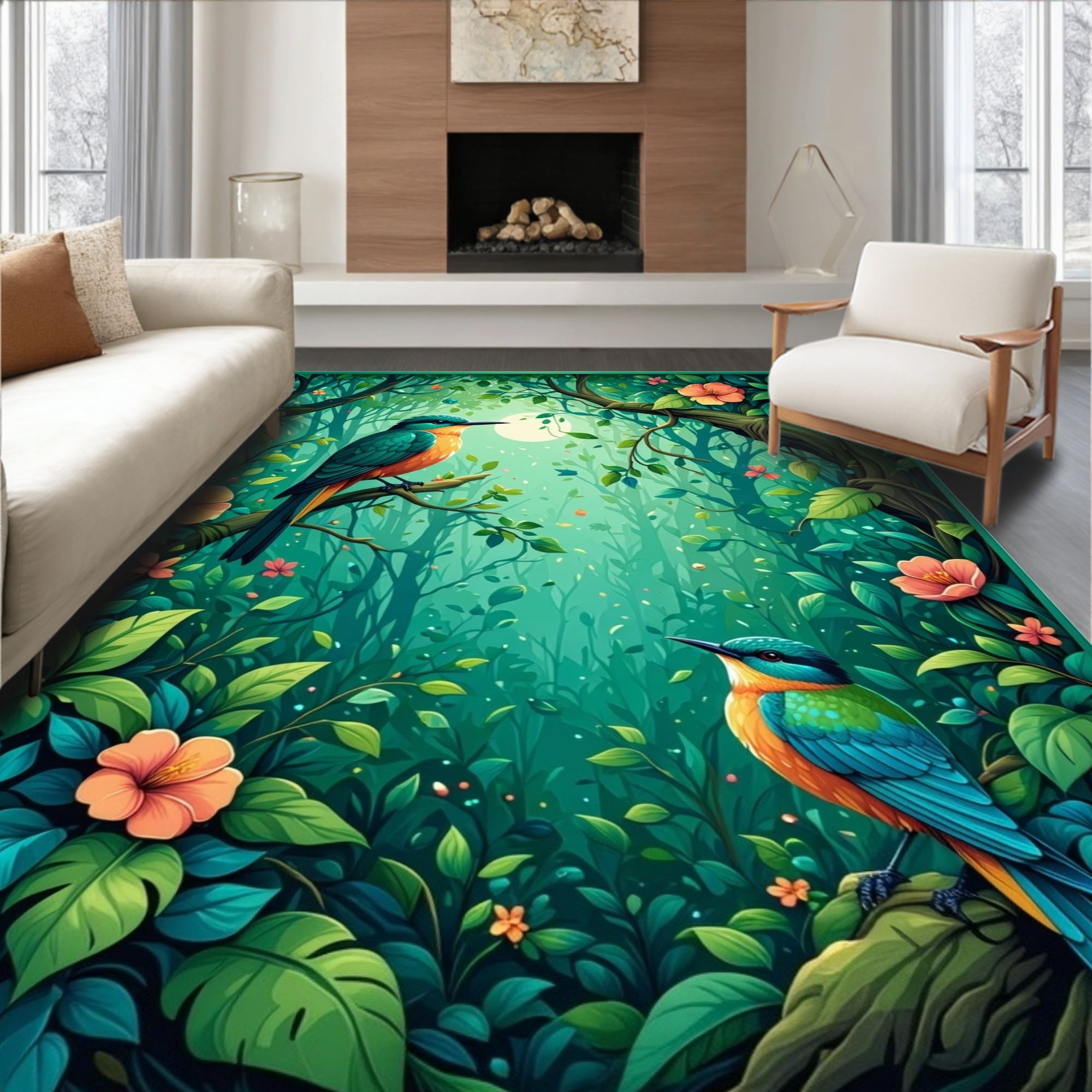 Flatwoven High Traffic Area Rug, Whimsical Jungle Vines & Birdsong, Non ...