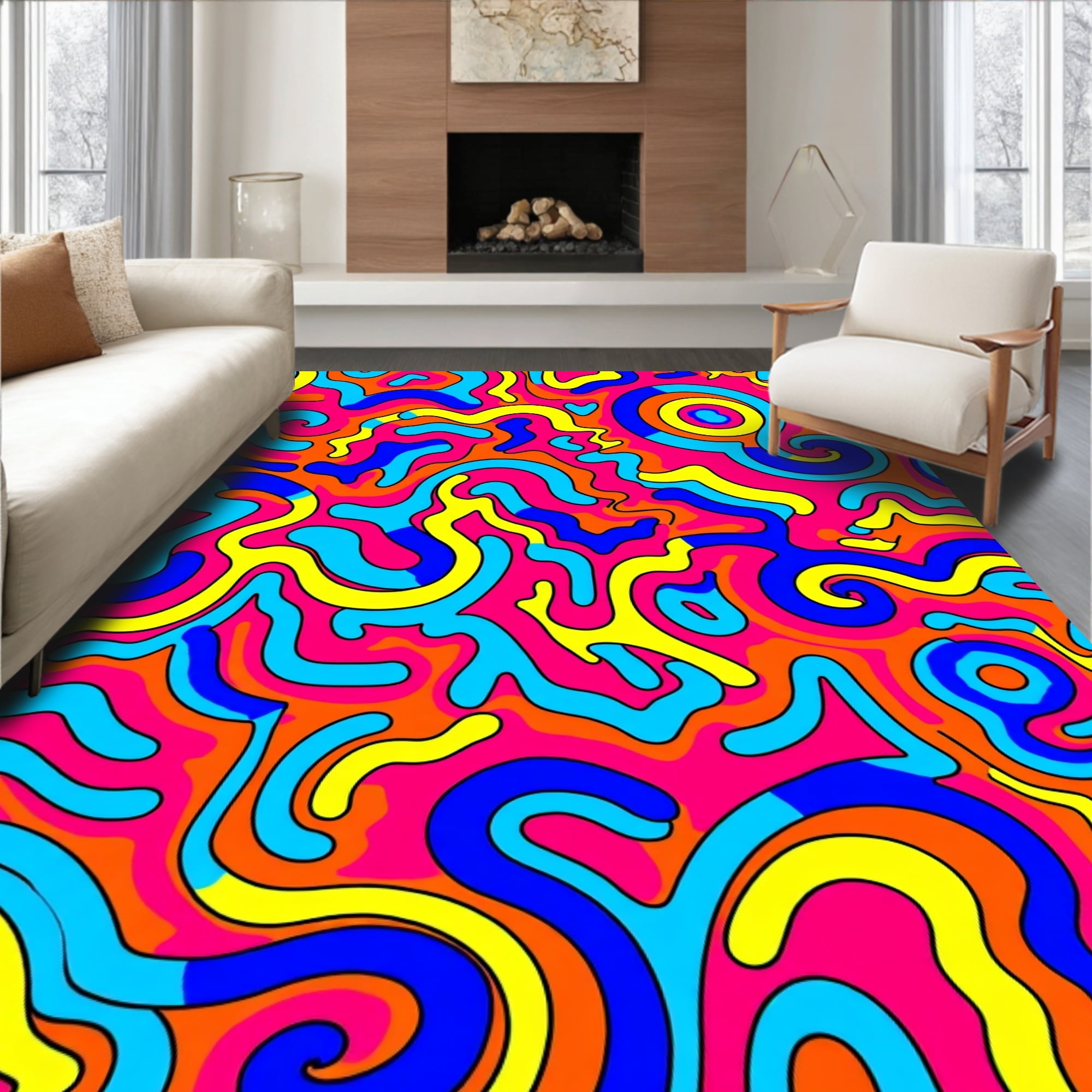 ODIKA 8'x8' Machine Washable Non-Slip Area Rug, Whimsical Kaleidoscope ...