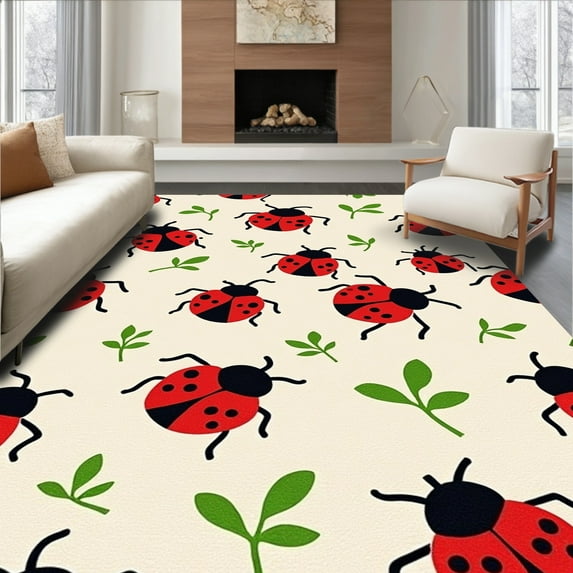 Flatwoven High Traffic Area Rug, Whimsical Ladybug Meadow Playful ...