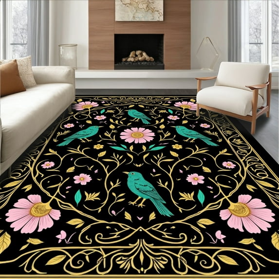 Flatwoven High Traffic Area Rug, Whimsical Magpie and Wildflower ...