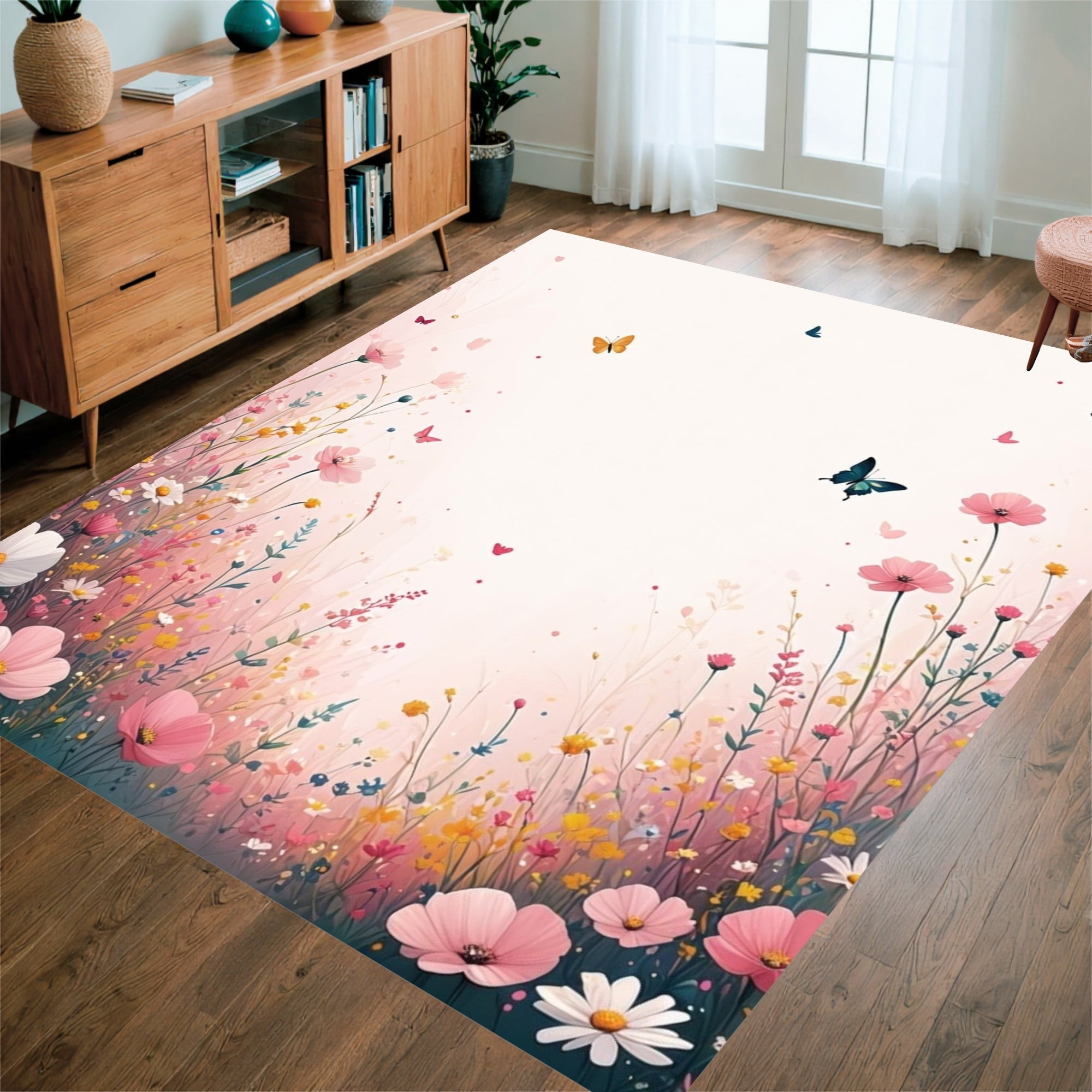 Flatwoven High Traffic Area Rug, Whimsical Meadow With Dancing ...