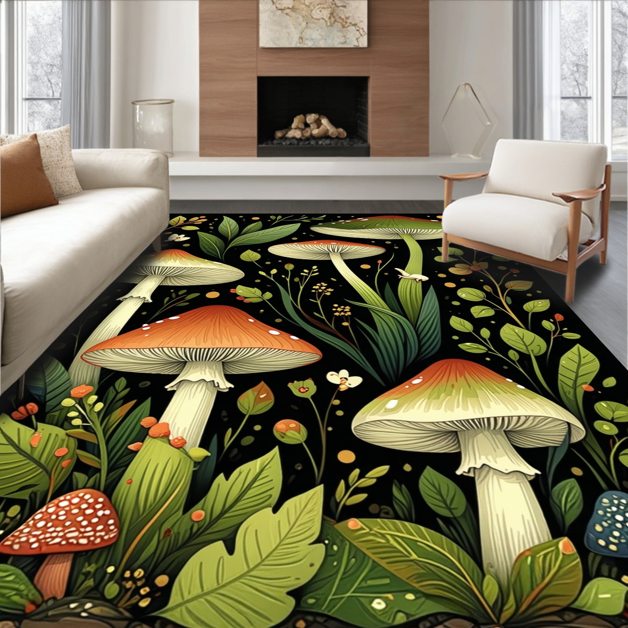 Flatwoven High Traffic Area Rug, Whimsical Moth and Mushroom Fusion ...