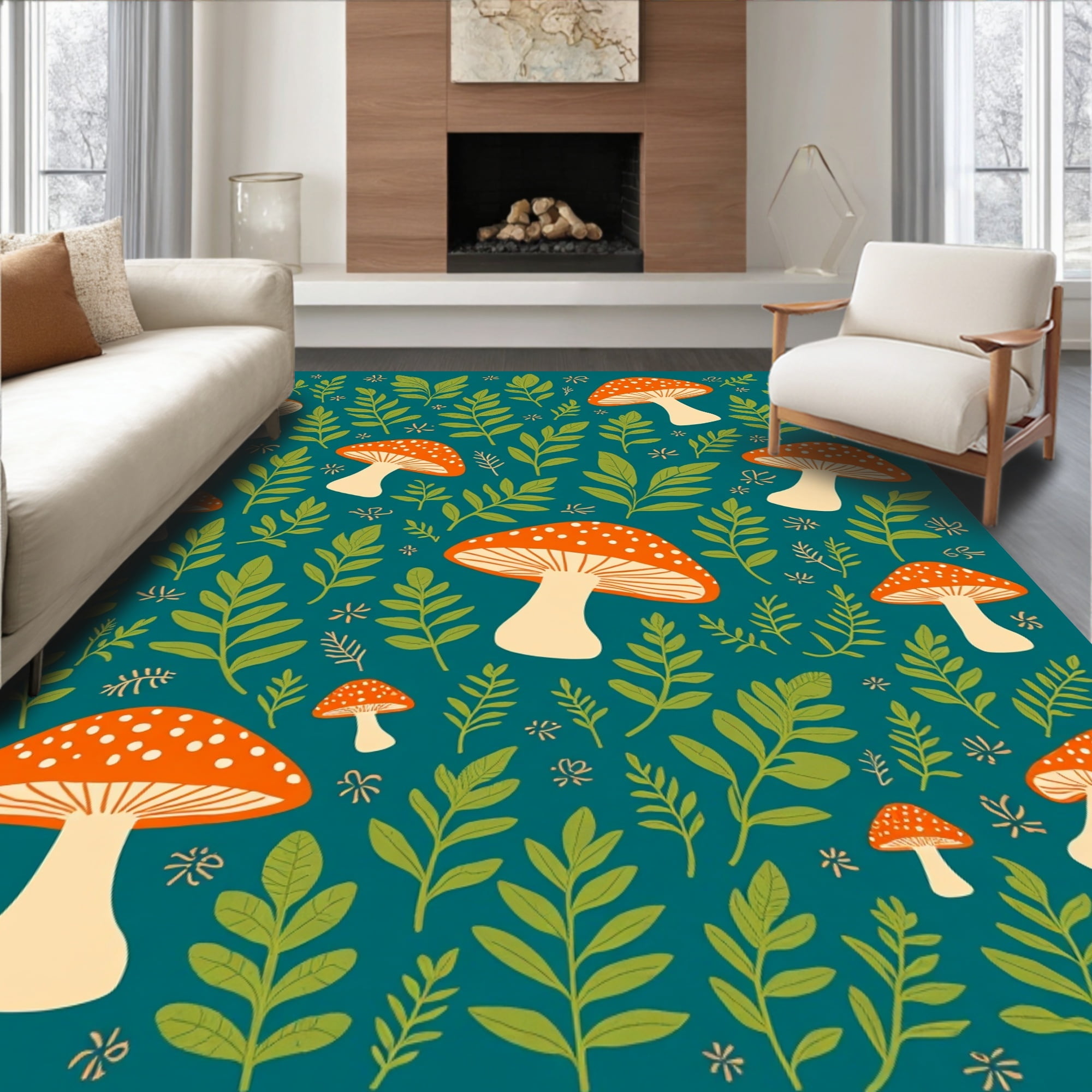 Flatwoven High Traffic Area Rug, Whimsical Mushroom Fairy Tale Forest ...