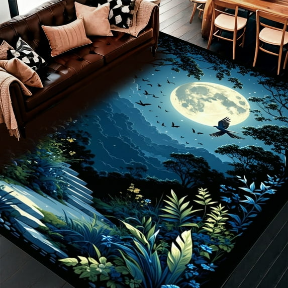 Flatwoven High Traffic Area Rug, Whimsical Night Garden With ...