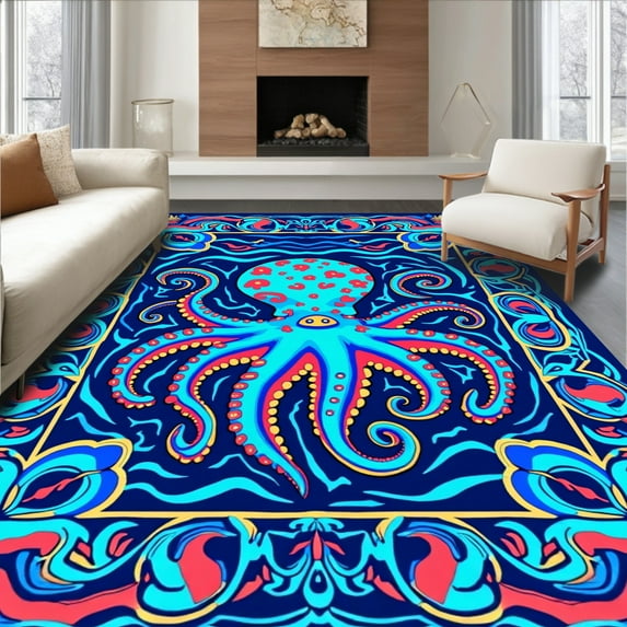 Flatwoven High Traffic Area Rug, Whimsical Ocean Octopus Aquatic Life ...