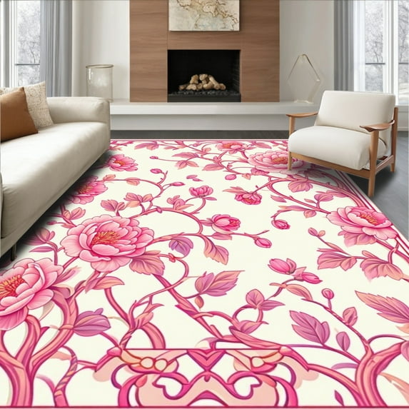 Flatwoven High Traffic Area Rug, Whimsical Pink Blossom Design with ...