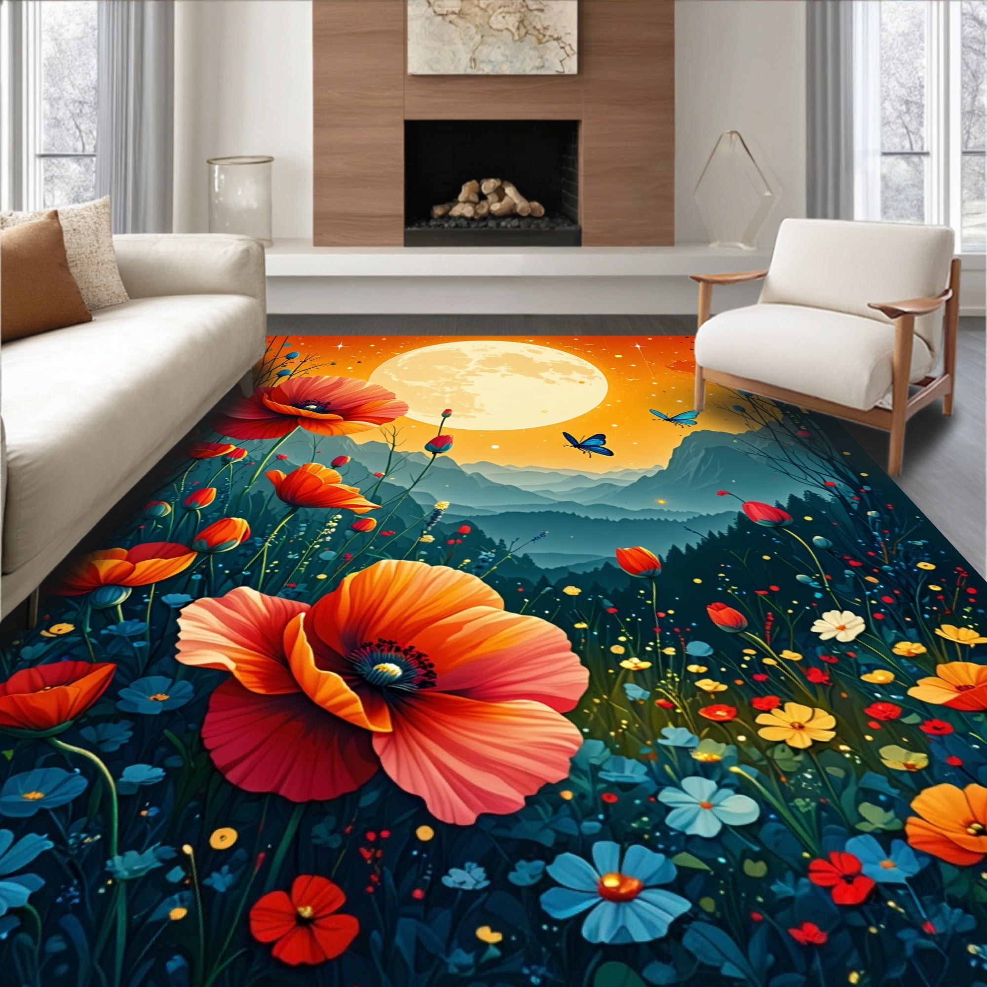 Flatwoven High Traffic Area Rug, Whimsical Poppies & Glisten Dragonfly ...