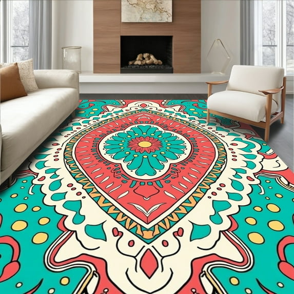 Flatwoven High Traffic Area Rug, Whimsical Round Geometric Harmony, Non ...