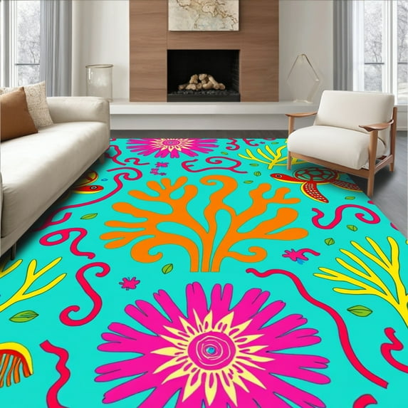 Flatwoven High Traffic Area Rug, Whimsical Sea Life Coral Reef Design ...