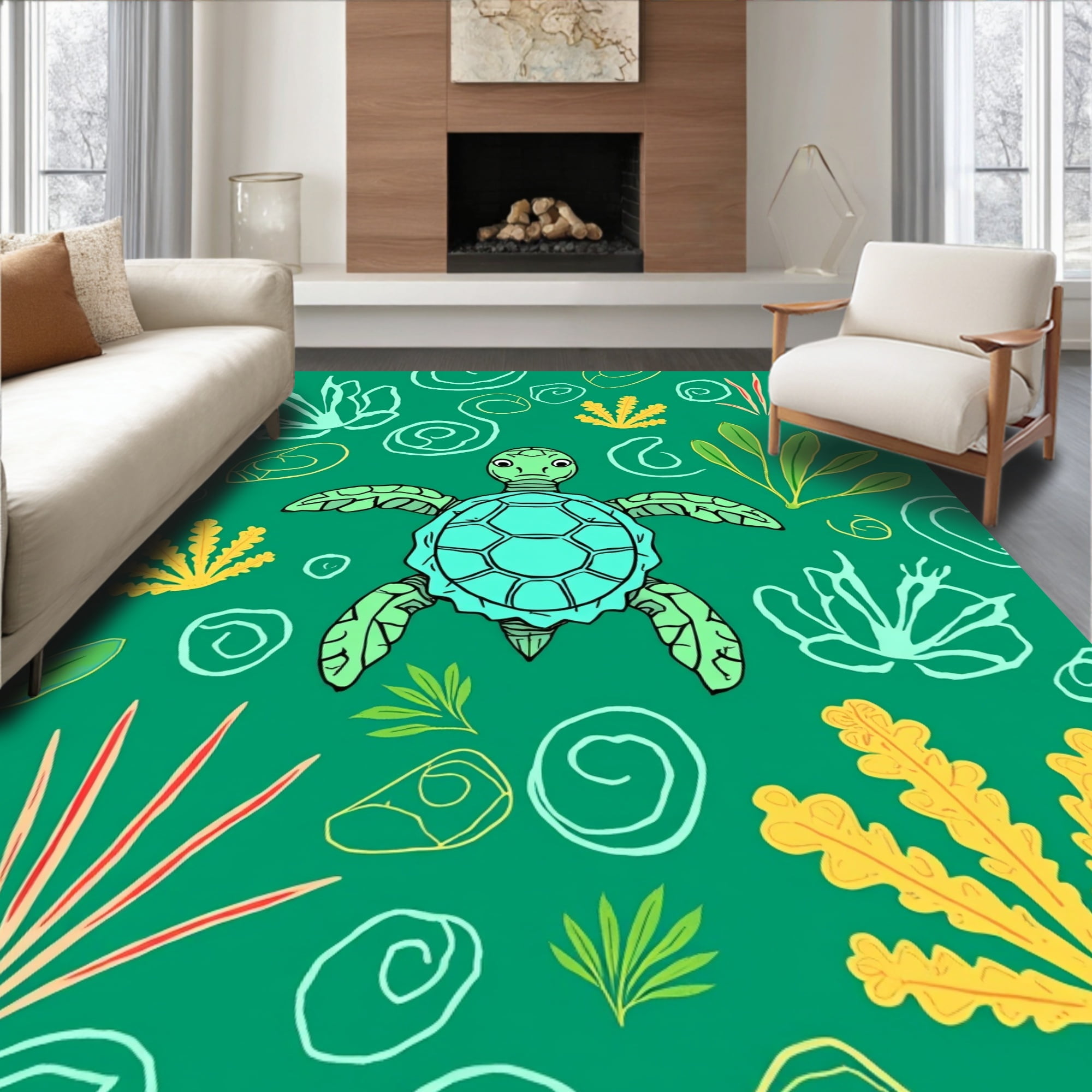 Flatwoven High Traffic Area Rug, Whimsical Sea Turtle Mosaic with Coral ...
