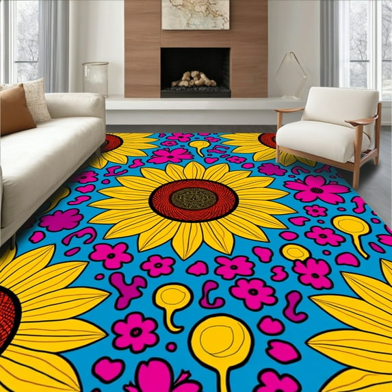 Flatwoven High Traffic Area Rug, Whimsical Sunflower and Leopard Print ...