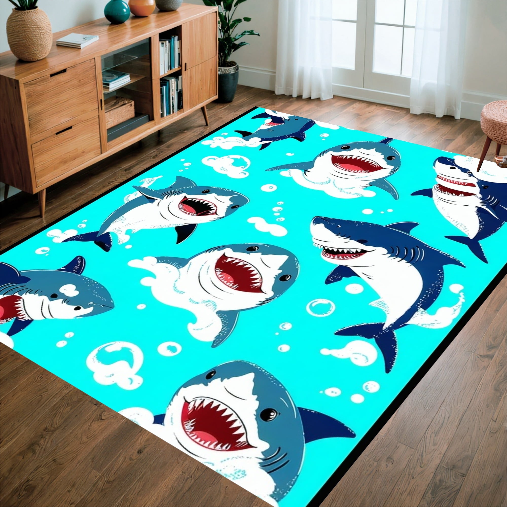 Flatwoven High Traffic Area Rug, Whimsical Toothy Grin Shark Decorative ...