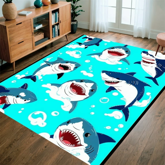 Flatwoven High Traffic Area Rug, Whimsical Toothy Grin Shark Decorative ...