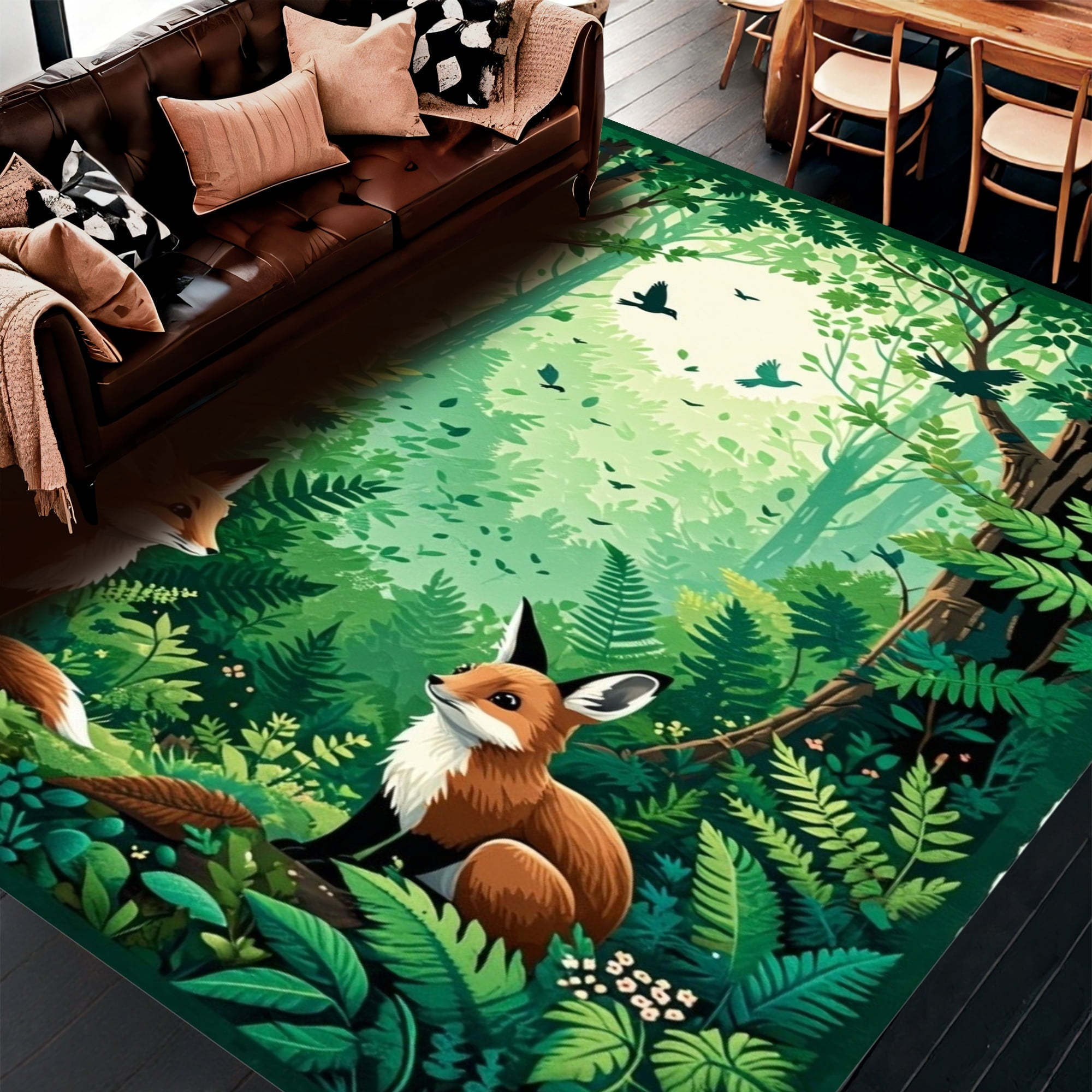 Flatwoven High Traffic Area Rug, Whimsical Woodland Creatures Artistic ...