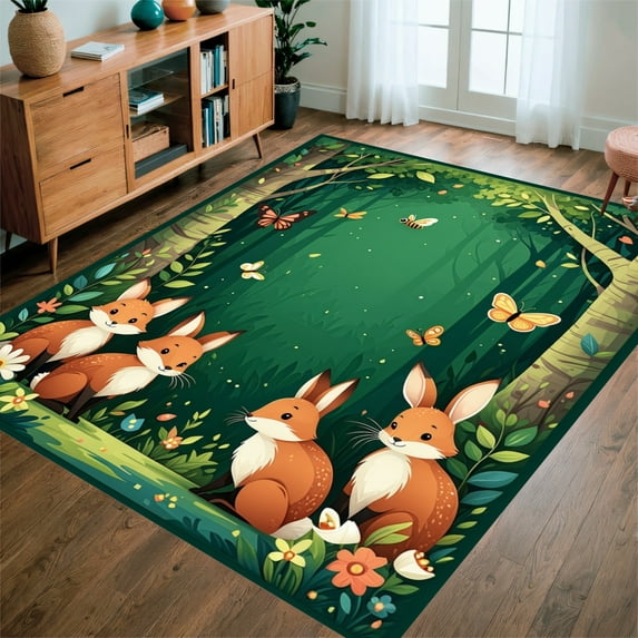 Flatwoven High Traffic Area Rug, Woodland Creature Harmony Decorative ...