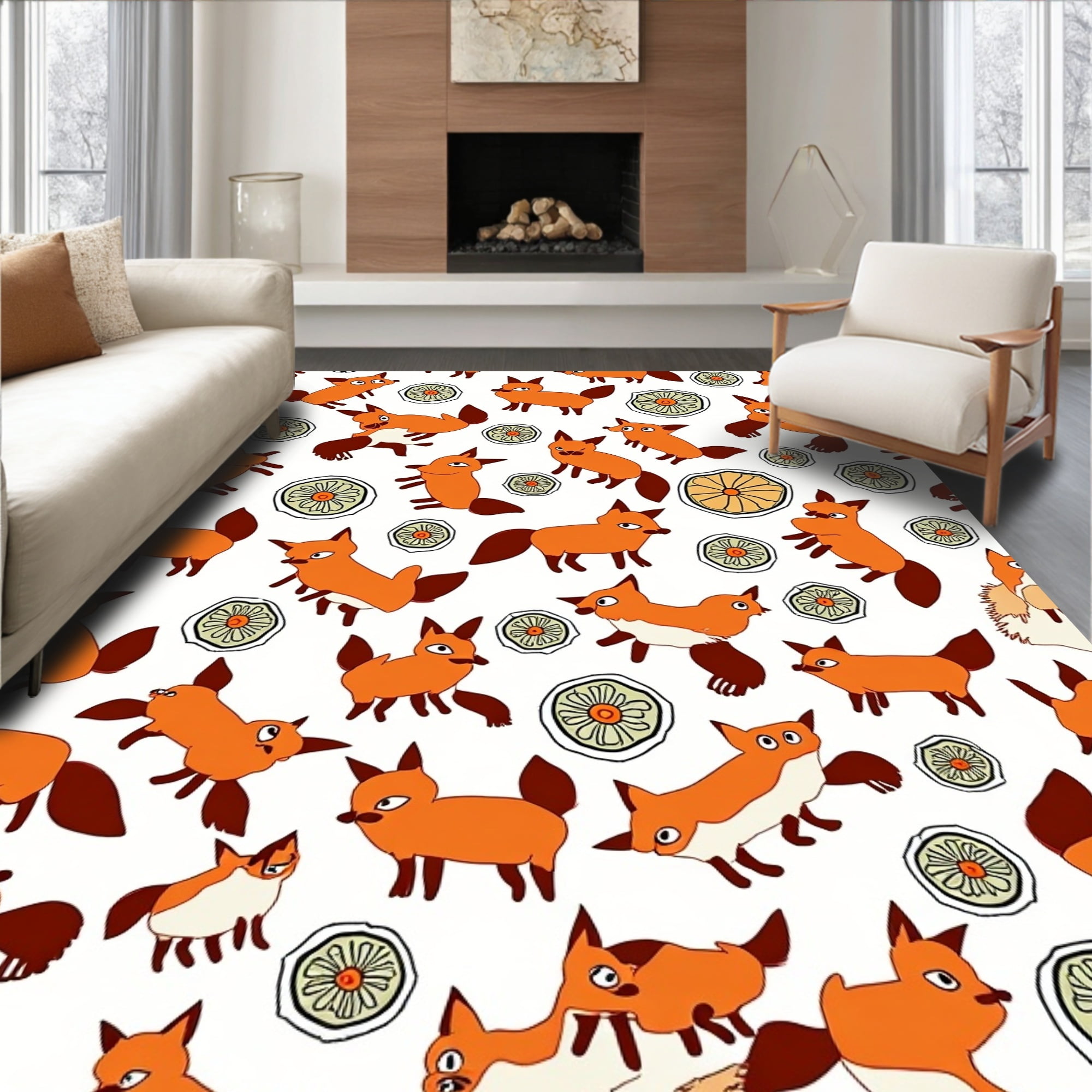 Flatwoven High Traffic Area Rug, Woodland Fox Play, Non Slip, Stain ...