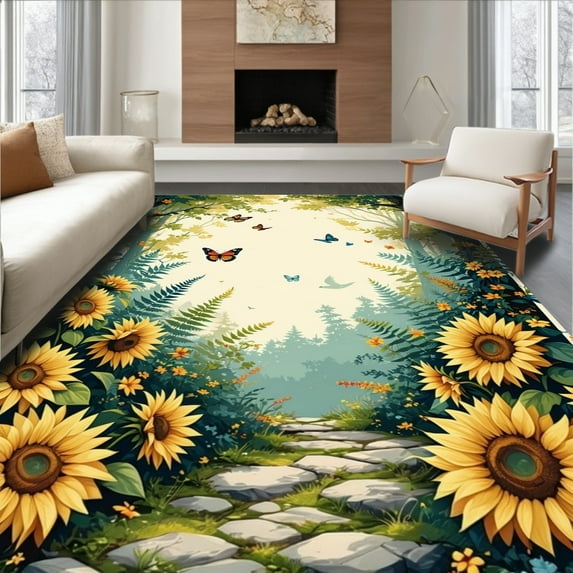 Flatwoven High Traffic Area Rug, Woodsy Serenity Sunflowers Fern and ...