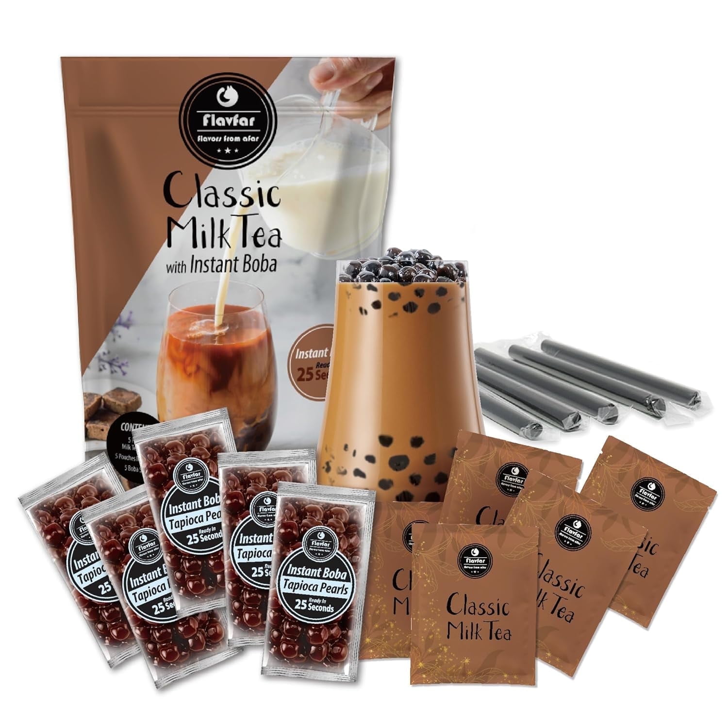 Flavfar Instant Boba Bubble Pearl Milk Tea Kit with Delicious Tapioca ...