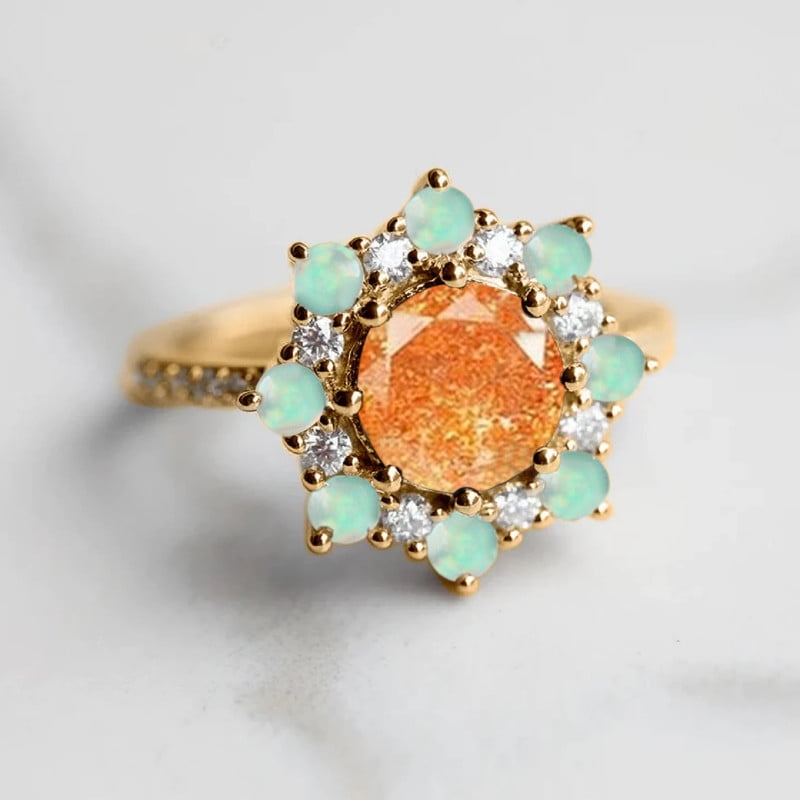 Flawless Sunstone Vintage Ring, 925 Starling Silver Opal Halo Engagement Ring, Bridal Jewelry ...