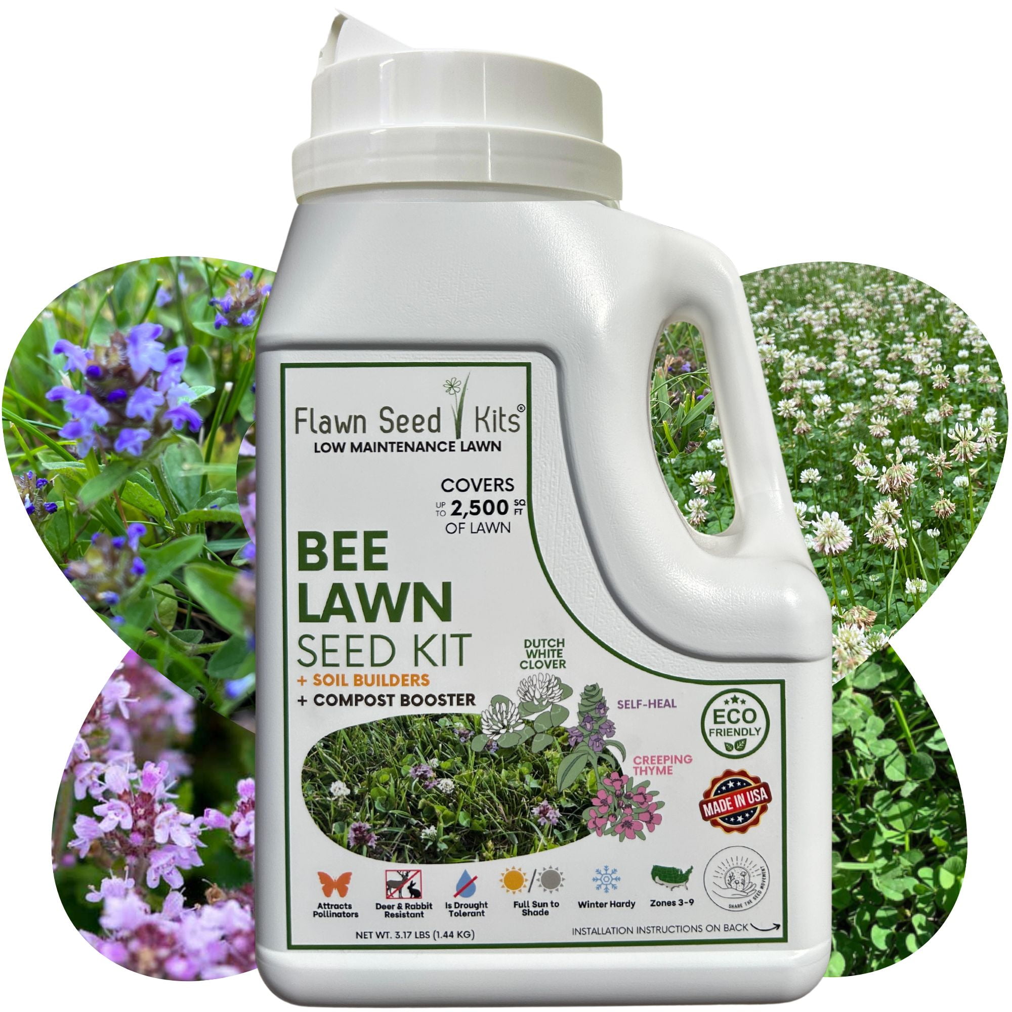 Flawn Seed Kits 2500 Sqft Bee Lawn Shaker Dutch White Clover Self-Heal ...