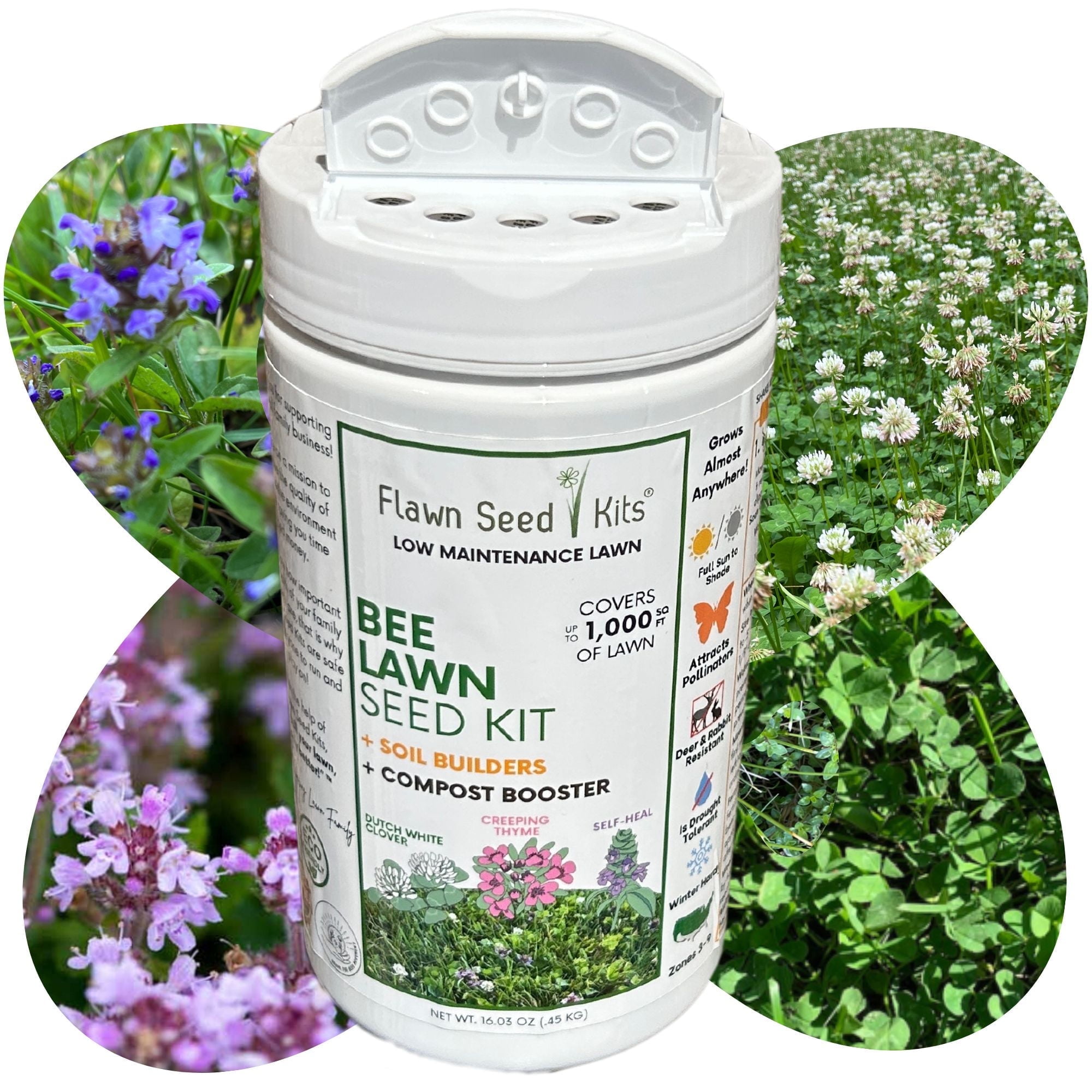 Flawn Seed Kits 1000 Sqft Bee Lawn Dutch White Clover Self-Heal ...