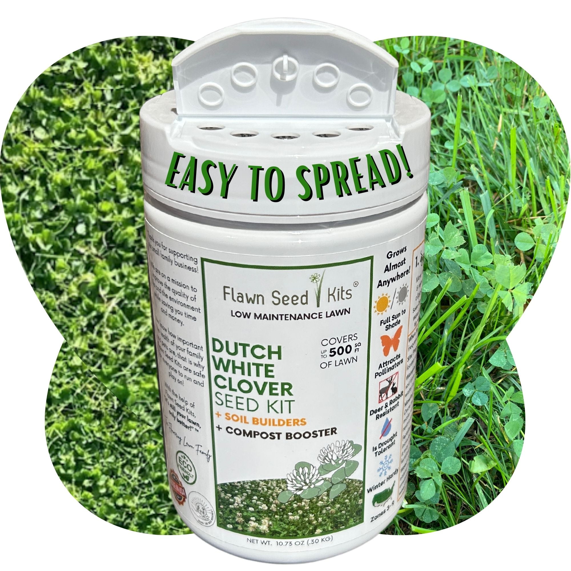Flawn Seed Kits Dutch White Clover, Sun or Shade, Shaker Jar, Covers up ...