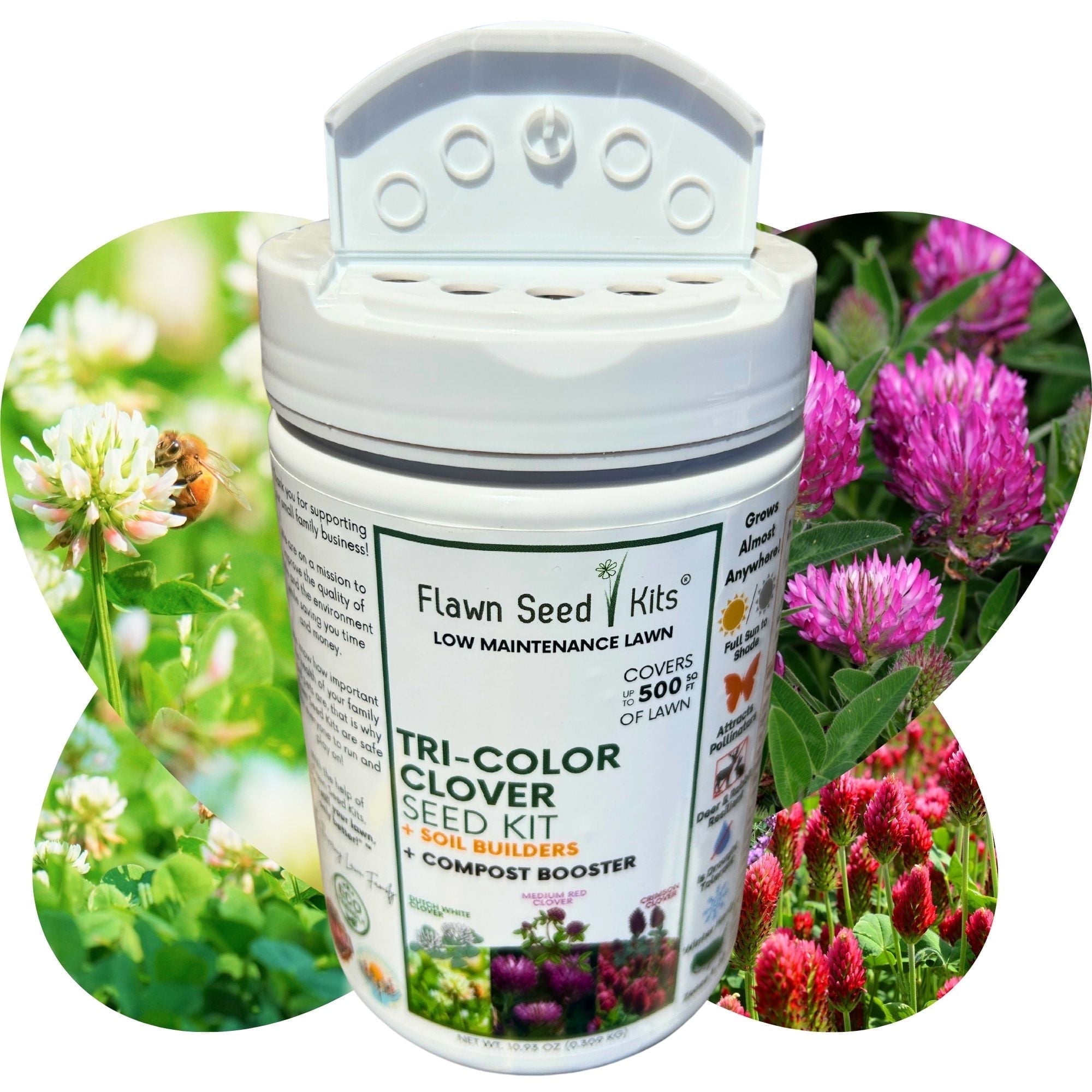 Flawn Seed Kits Perennial Clover Seed Kit, Dutch White, Crimson, Medium Red, Low, up to 500 Sqft ...