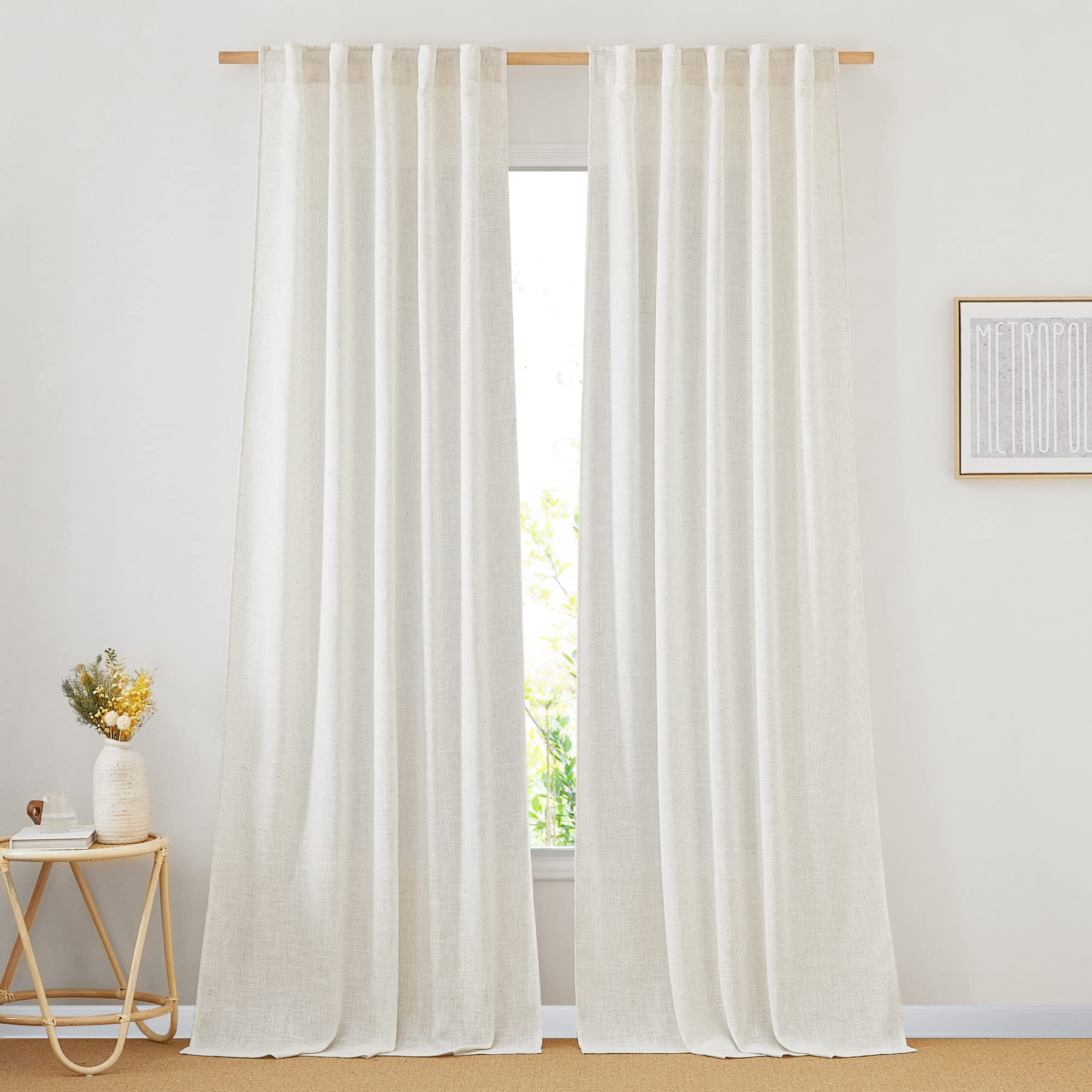 Flax Linen Weave Curtains 95 Inch Long, Rod Pocket and Back Tab Design ...