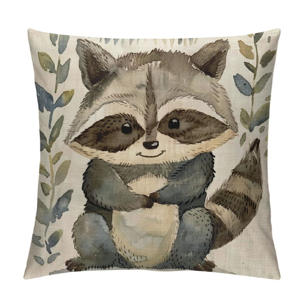 Flax Throw Pillow Cover Woodland Raccoon Watercolor Animal Nursery ...