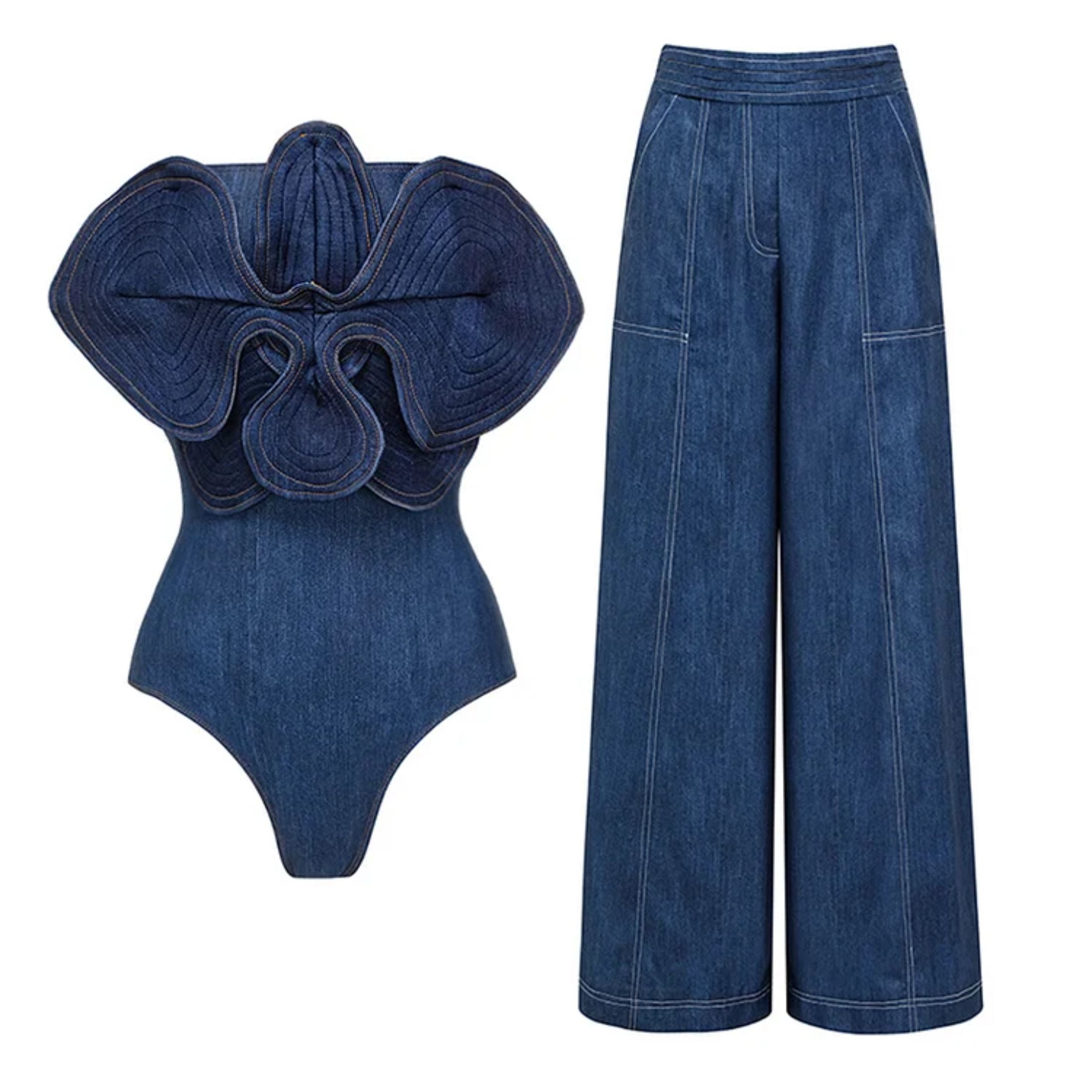 Flaxmaker 3d Flower Removable Strap Blue One Piece Swimsuit And Pants